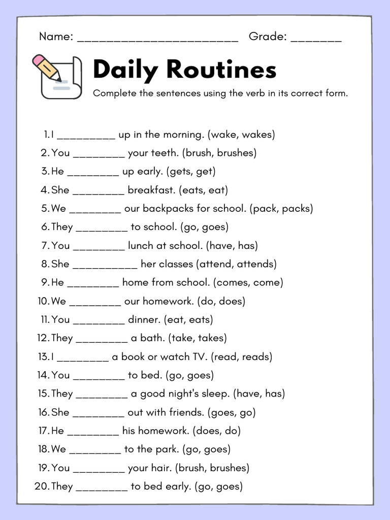 Daily Routines Fill in the Blanks Writing Activity Worksheet | PDF