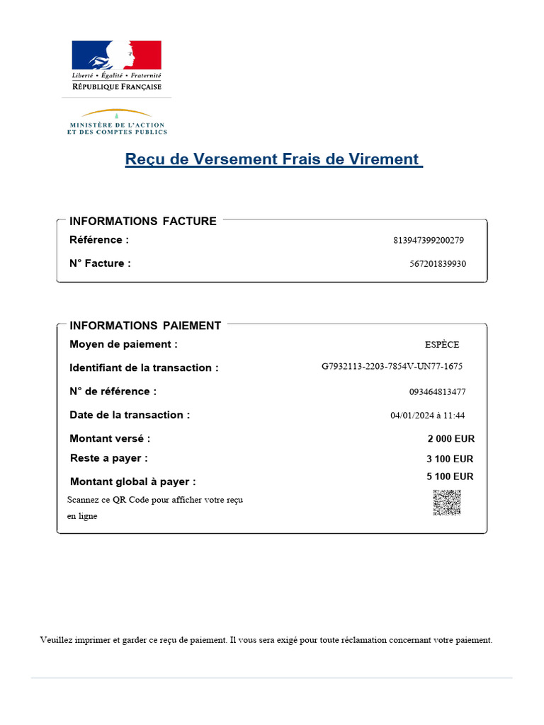 Recu de Paiement Versement Bancaire | PDF