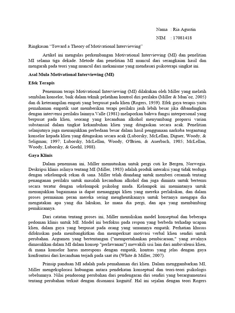Ringkasan Toward A Theory of Motivational Interviewing | PDF