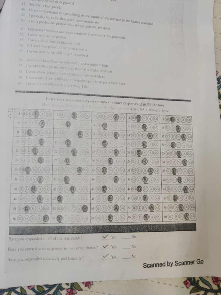 NEO Answersheet - Practicum 1 | PDF