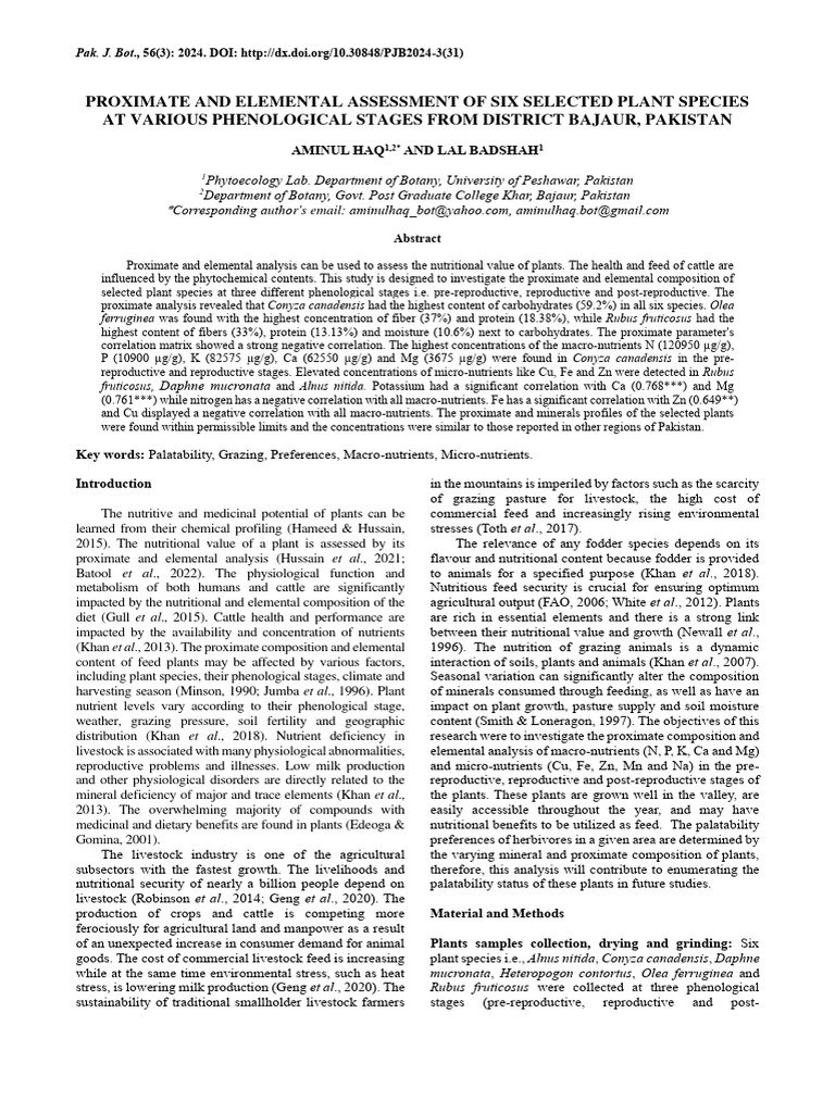 Proximate and Elemental Assessment of Six Selected Plant Species at ...