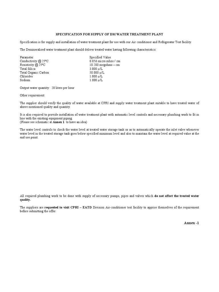 DM Plant Specification | PDF