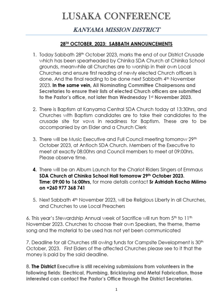 28TH October 2023, Sabbath Announcements | PDF
