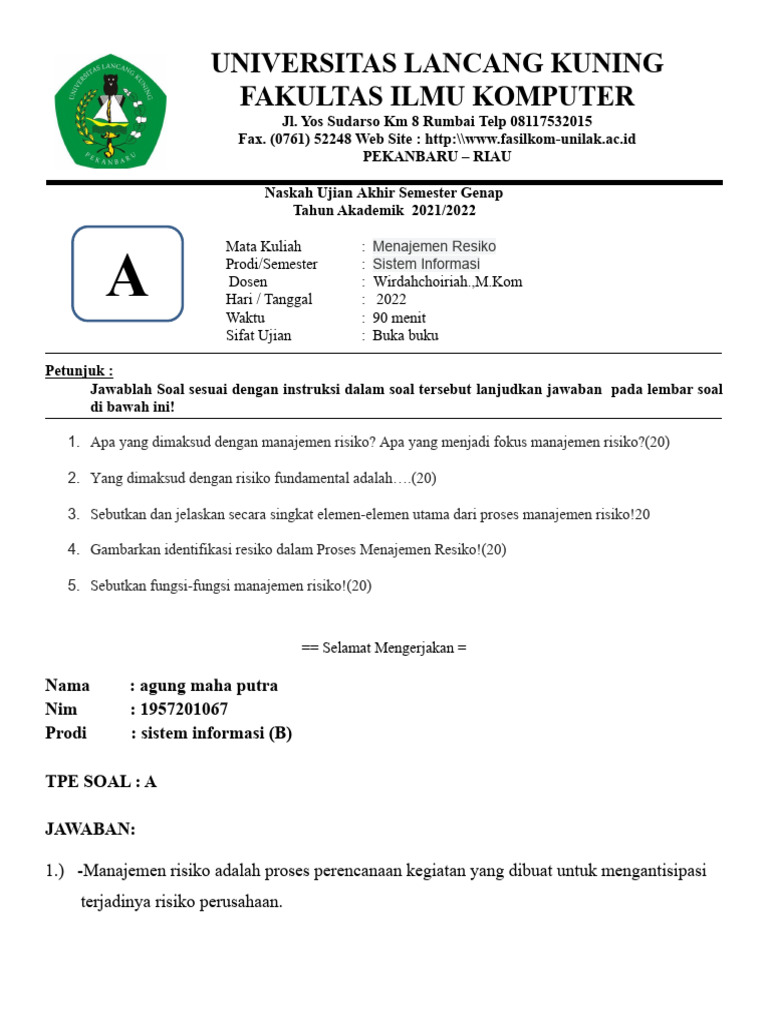 Agung Maha Putra - 1957201067 - Uas Manajemen Resiko | PDF
