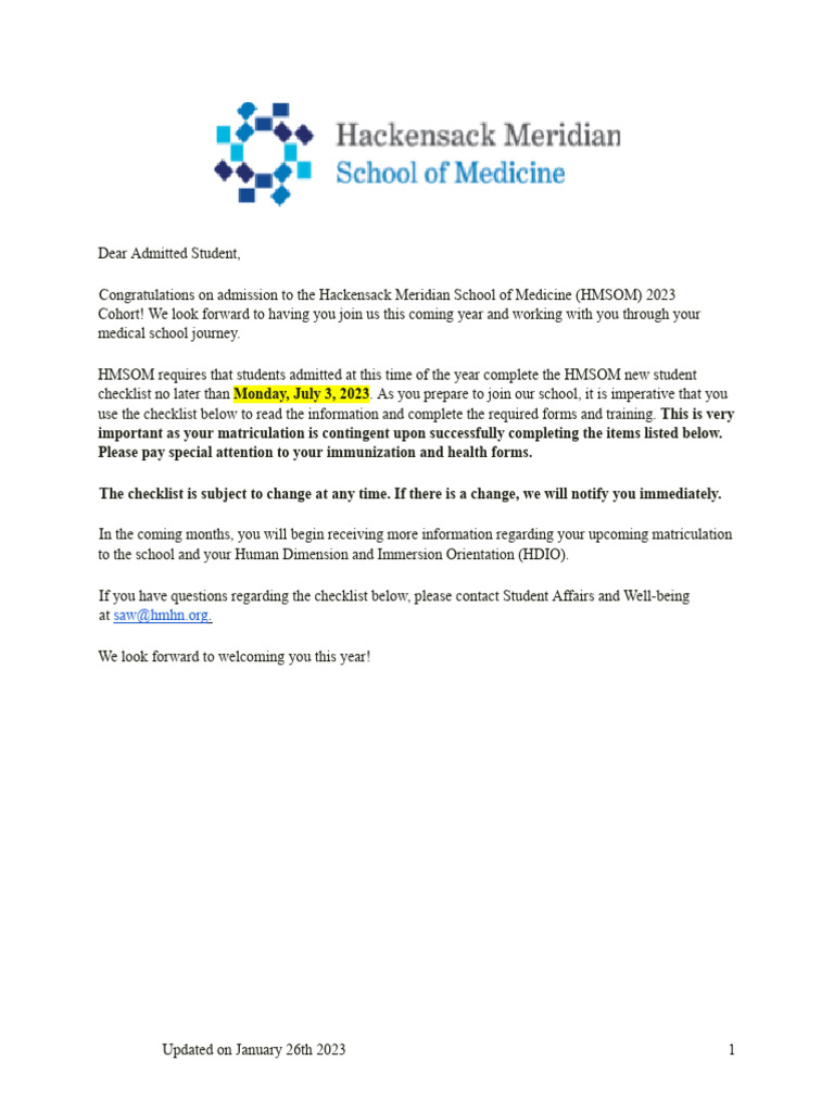 Orientation Checklist - 2023 Cohort For HMSOM | PDF | Career & Growth