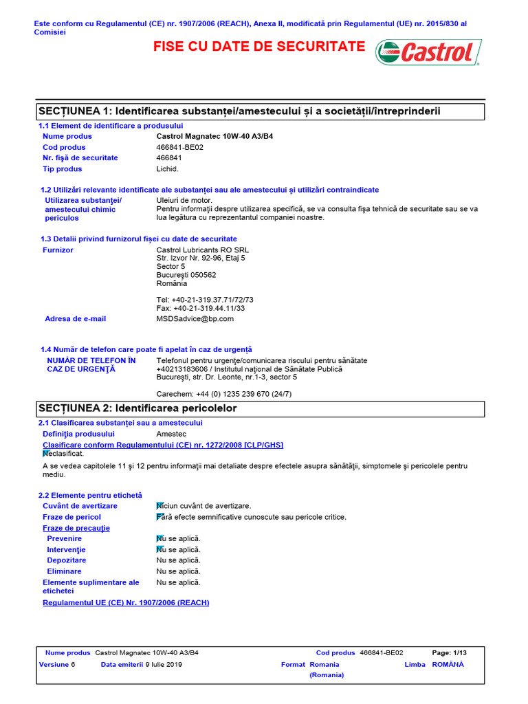 Fise Cu Date de Securitate: SECȚIUNEA 1: Identificarea Substanței ...