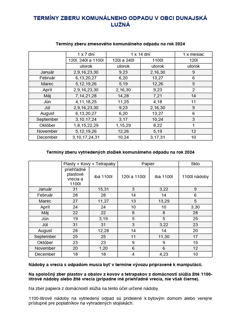 Termíny Zberu KO Na Rok 2023 - Od 01012024 Komplet | PDF