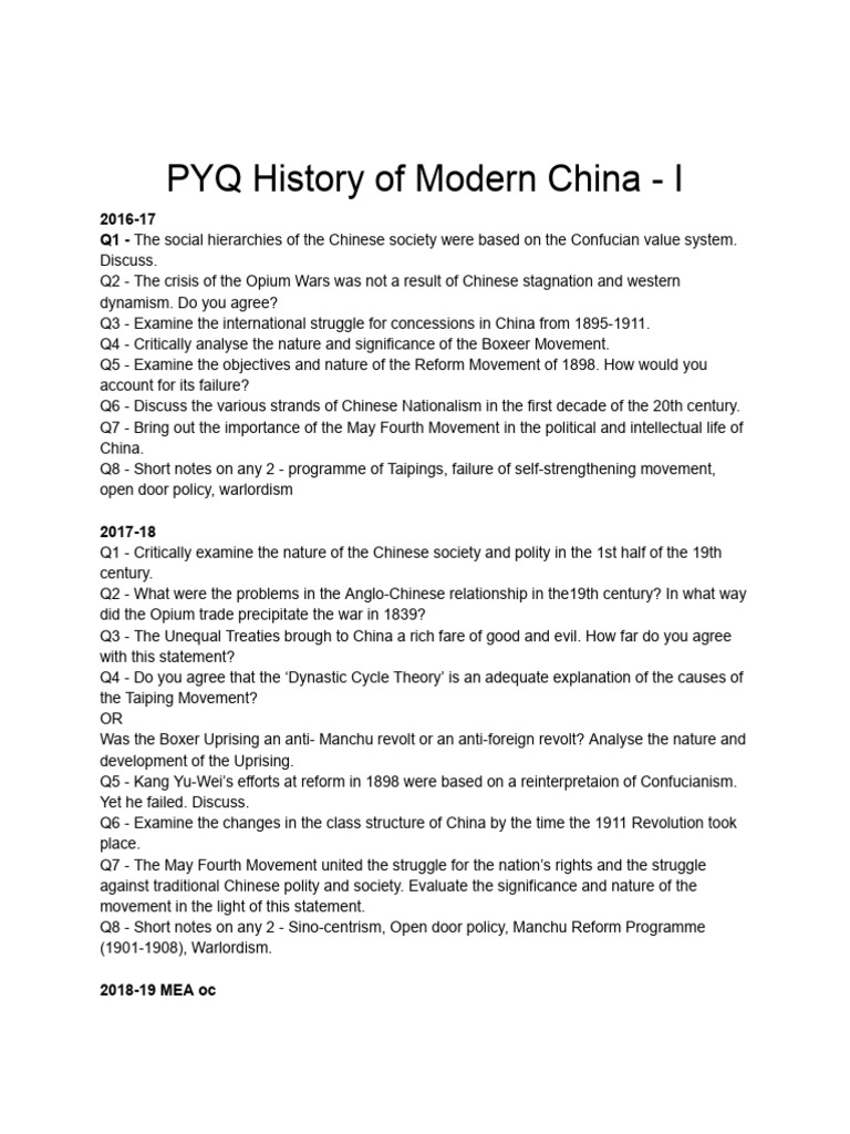 PYQ History of Modern China - I | PDF