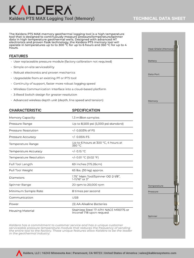 Kaldera PTS MAX Geothermal Logging Tool | PDF