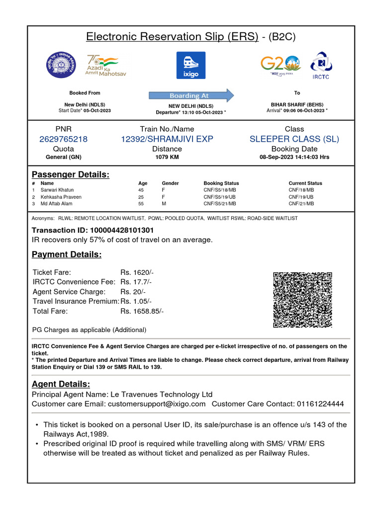 Electronic Reservation Slip (ERS) : 2629765218 12392/shramjivi Exp ...
