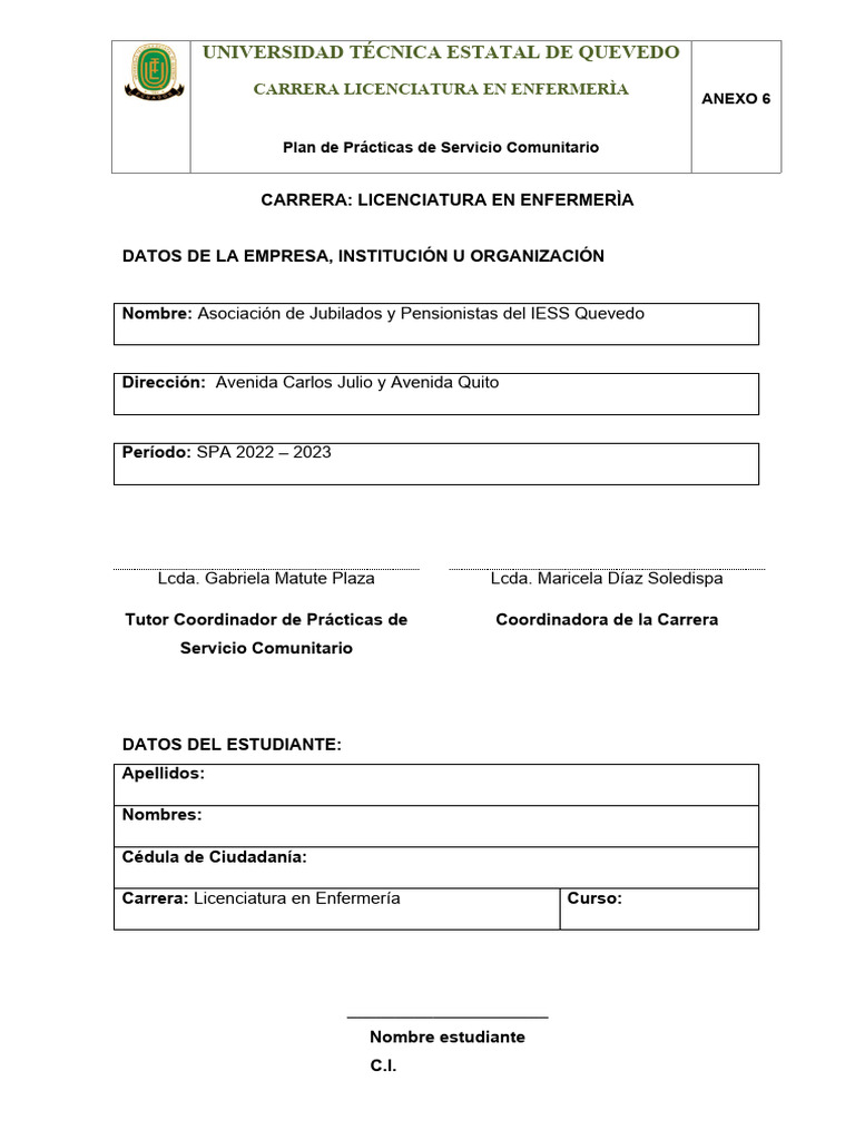 FORMATO-ANEXO-6 Plan de Prã¡cticas de Servicio Comunitario (Uno Por ... FORMATO-ANEXO-6 Plan de Prã¡cticas de Servicio Comunitario (Uno Por ...