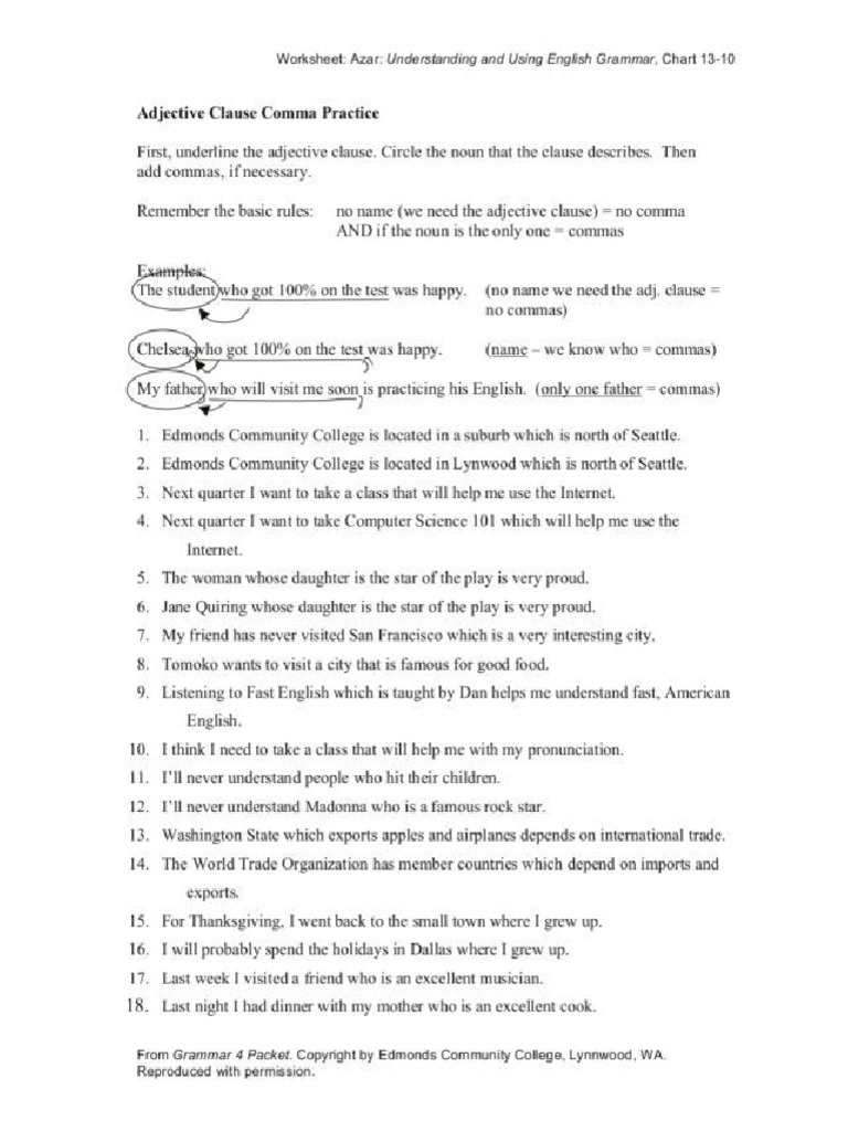 Adjective Clause Comma Practice Worksheet Example | PDF