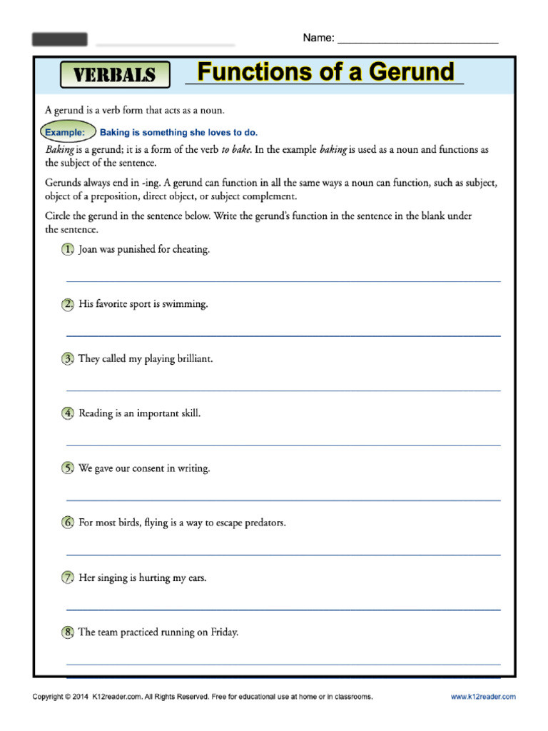 *Functions of a Gerund _ Verbal Worksheets | PDF