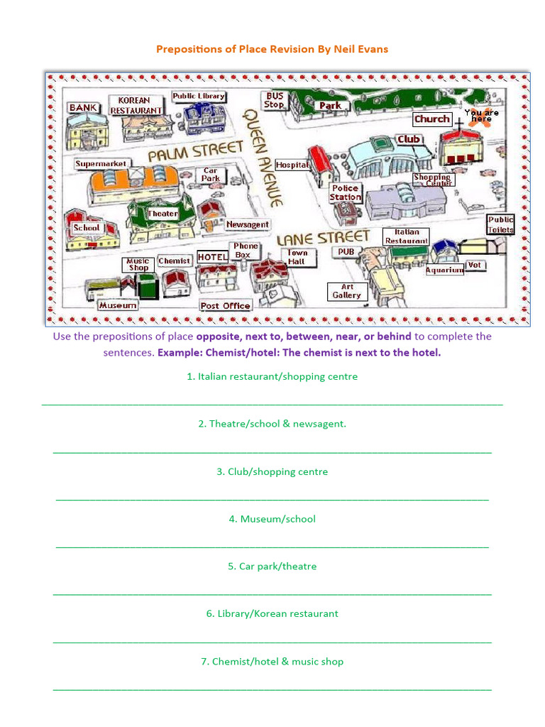 Prepositions of Place in Town Picture Description Exercises 107201 ...