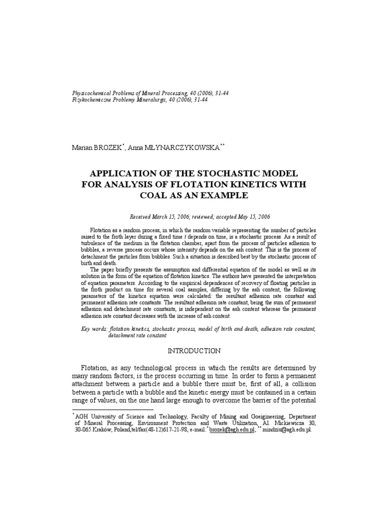 Application of The Stochastic Model For Analysis of Flotation Kinetics ...