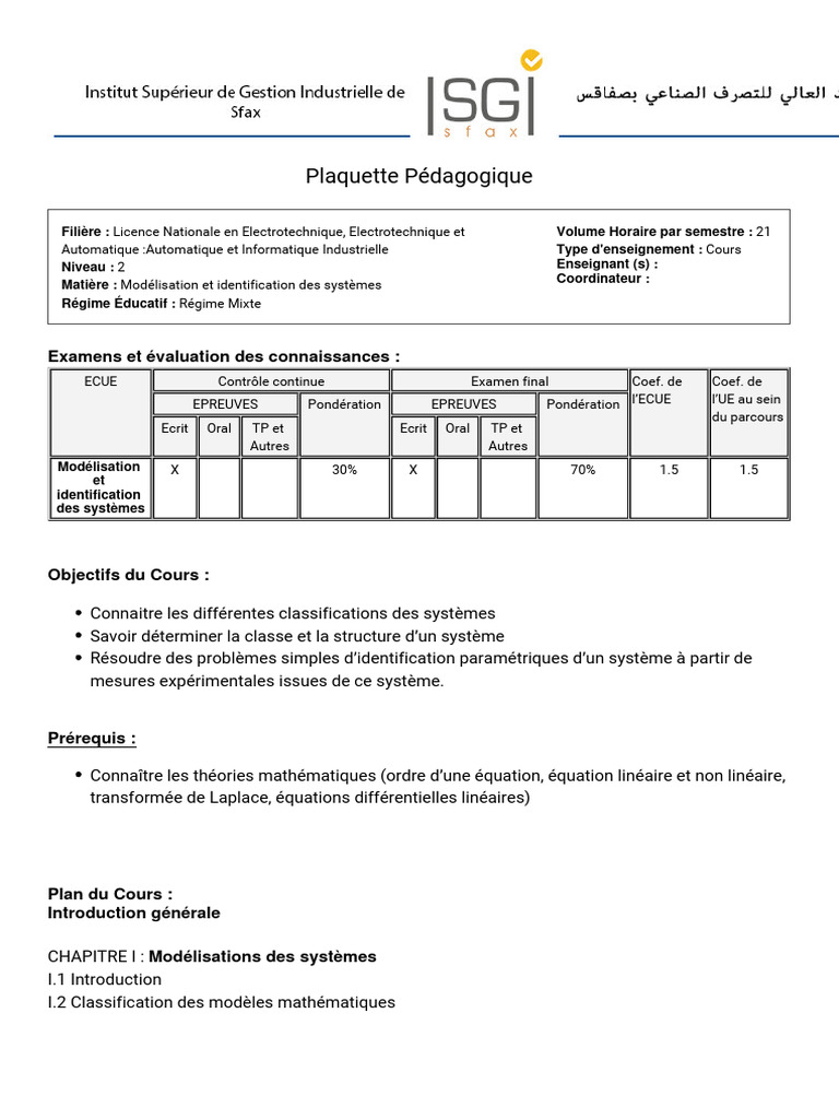 Modélisation et Identification des Systèmes | PDF
