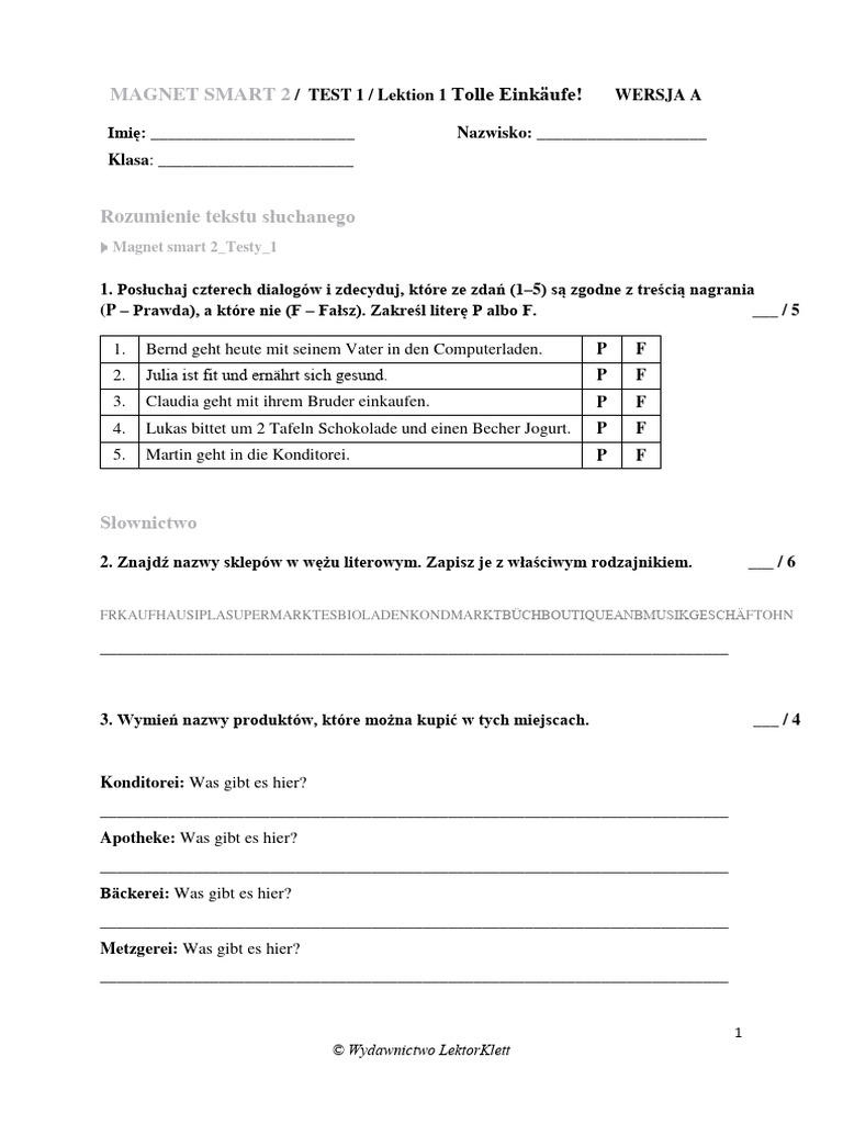 Magnet Smart 2 Test 1 Wersja A | PDF
