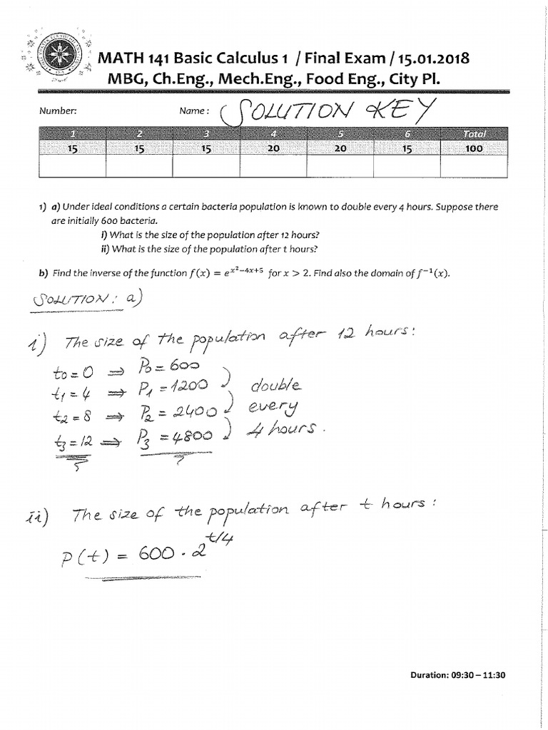 Math 141 Final Exam Solution Key 2018 | PDF