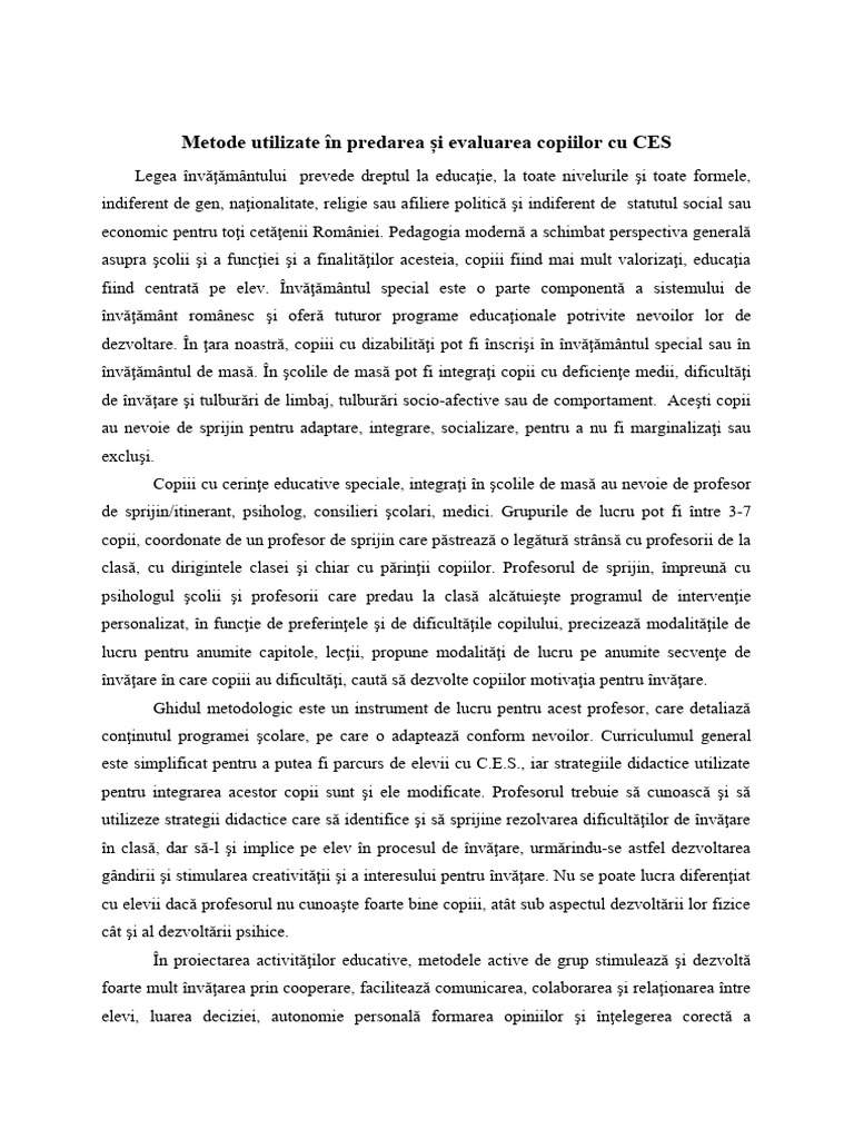 Metode de Predare Evaluare A Copiilor Cu Ces | PDF