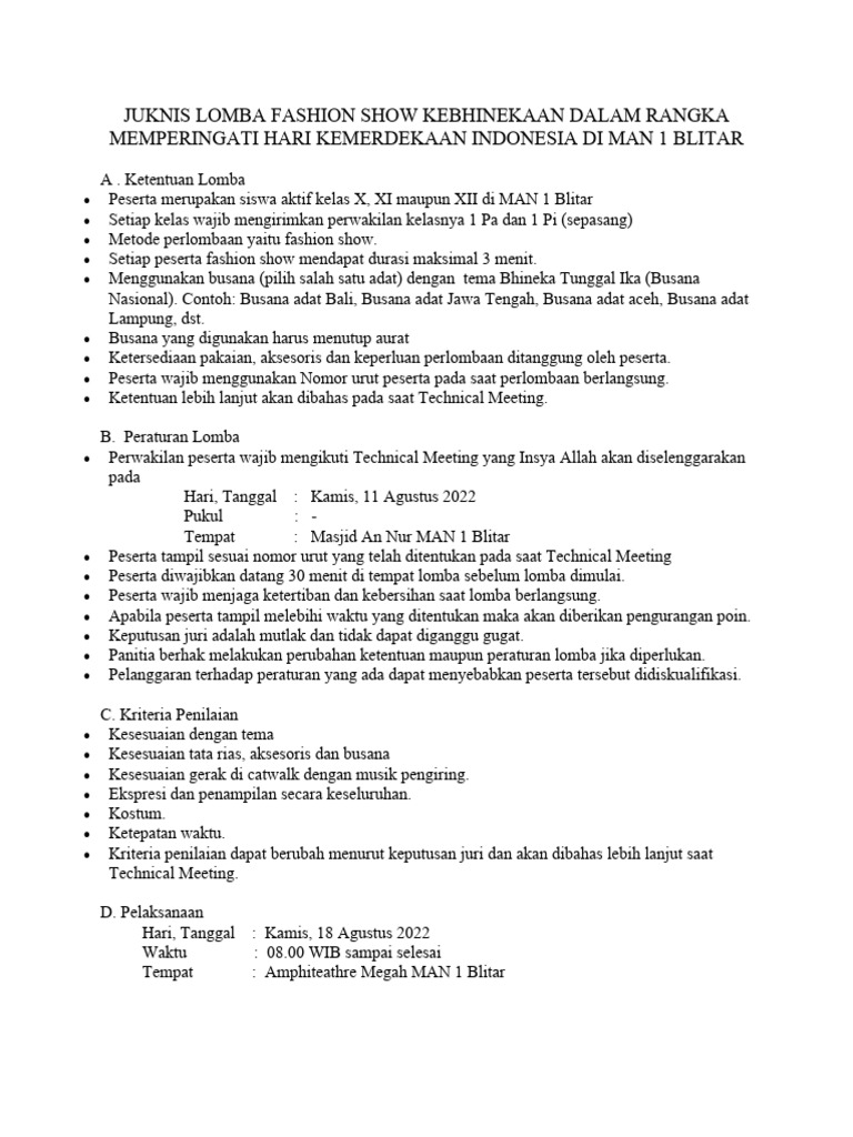 Juknis Lomba Fashion Show Kebhinekaan Dalam Rangka Memperingati Hari Kemerdekaan Indonesia Di ...