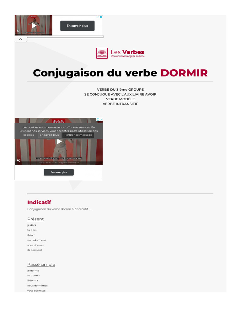 LES VERBES - Conjugaison Dormir | PDF | Verbe | Syntaxe