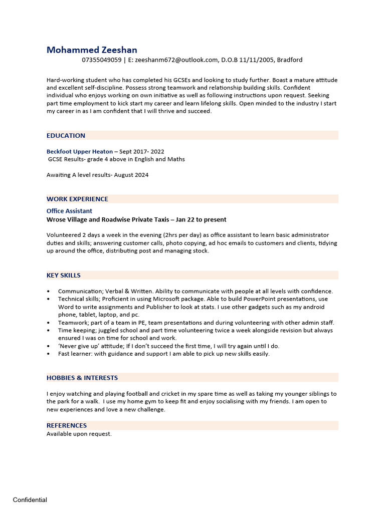 Mohammed Zeshan CV | PDF | Behavior Modification | Human Communication