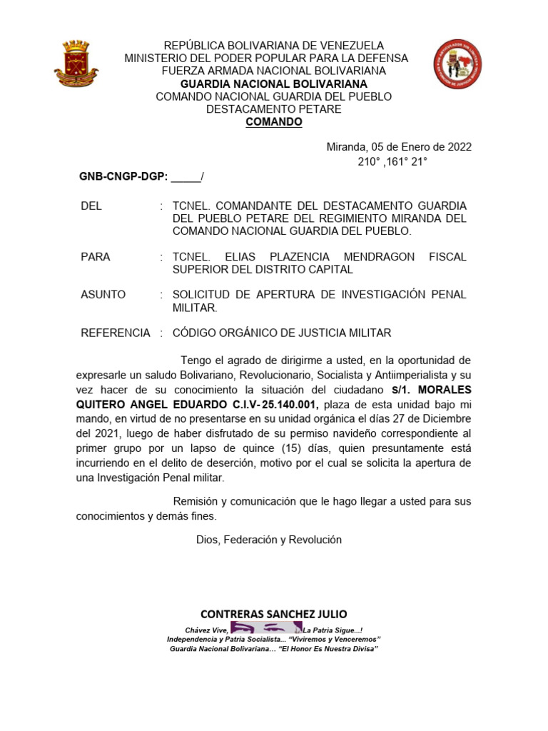 Oficio A Orden de Fiscalia Militar s1 David Betancourt Listo | PDF