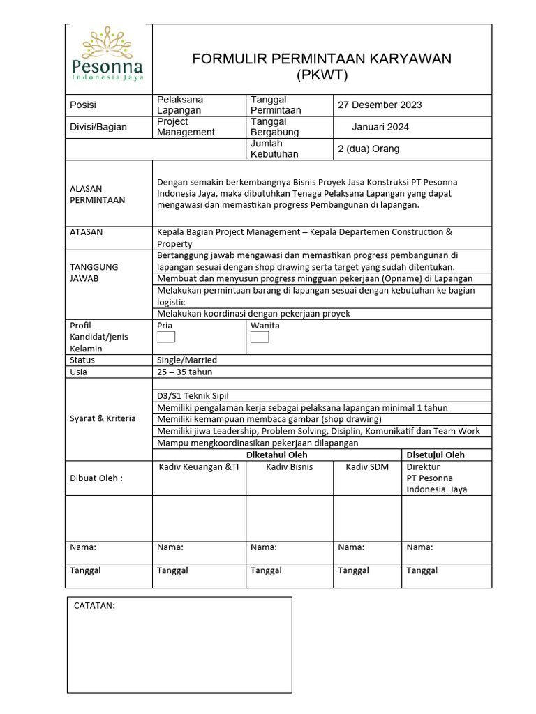 FORM HR 05 PERMINTAAN KARYAWAN (PKWT) - Pelaksana Lapangan | PDF