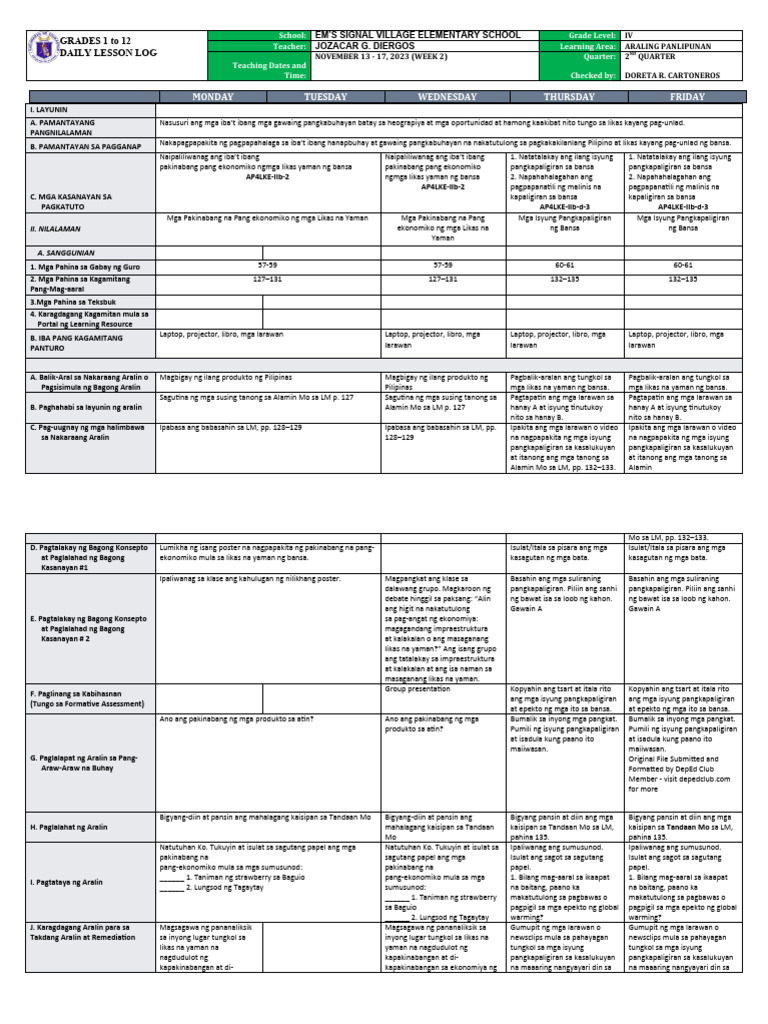 DLL - Araling Panlipunan 4 - Q2 - W2 | PDF