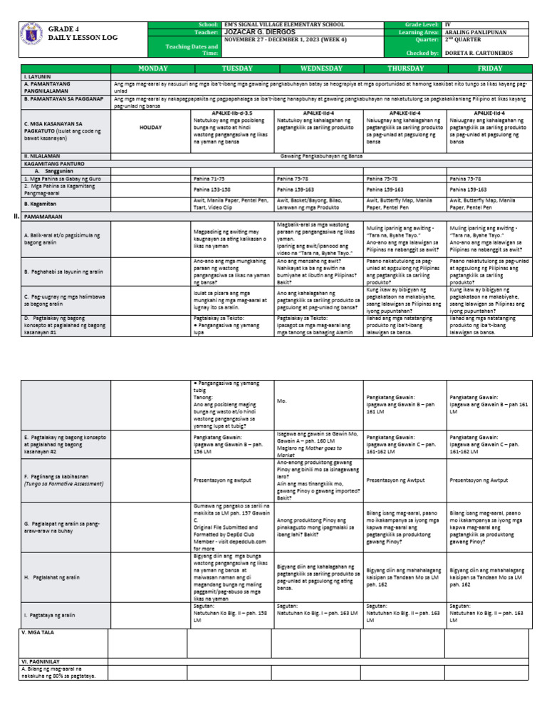 DLL - Araling Panlipunan 4 - Q2 - W4 | PDF