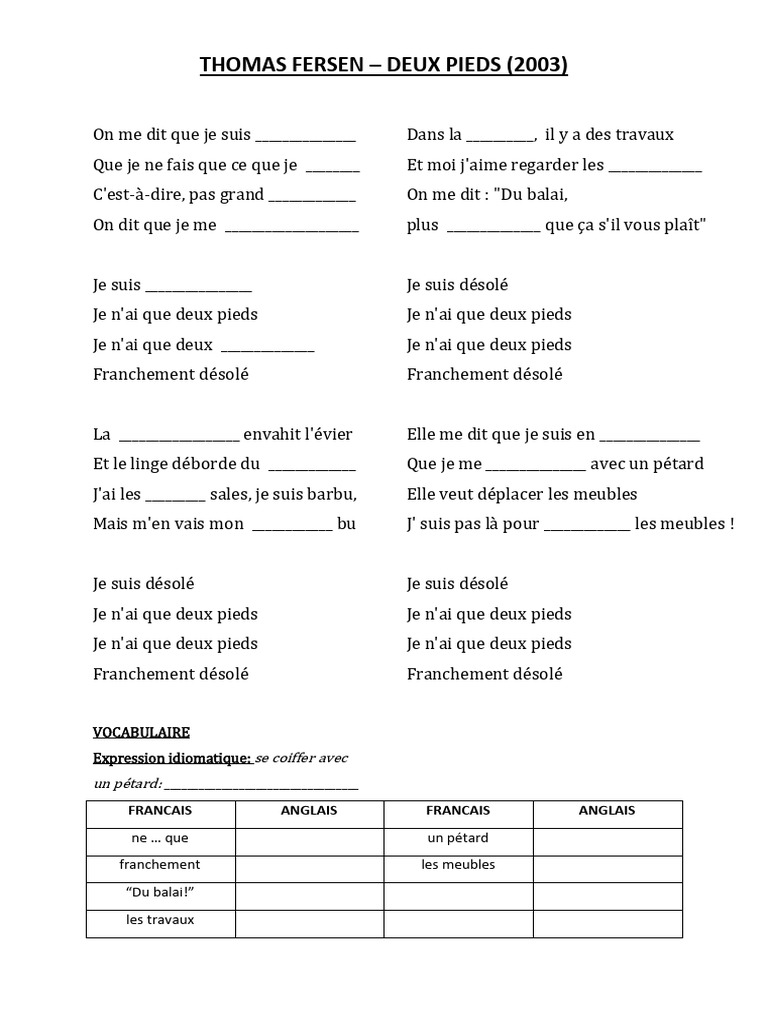 Thomas Fersen Deux Pieds Paroles Et Activites | PDF