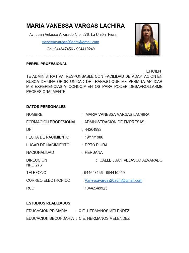 Cv Costado Vanessa 2023 | PDF