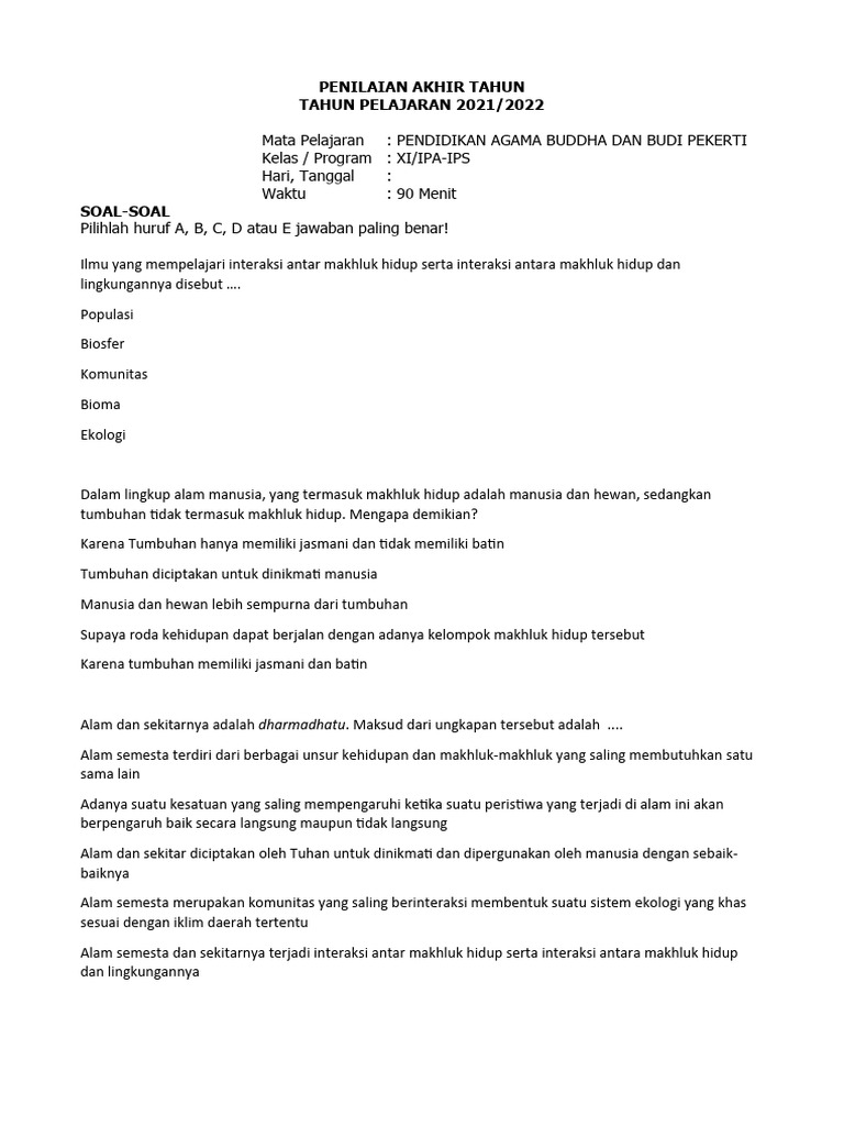 BUDHA Soal Kelas 11 - PAB - BP | PDF