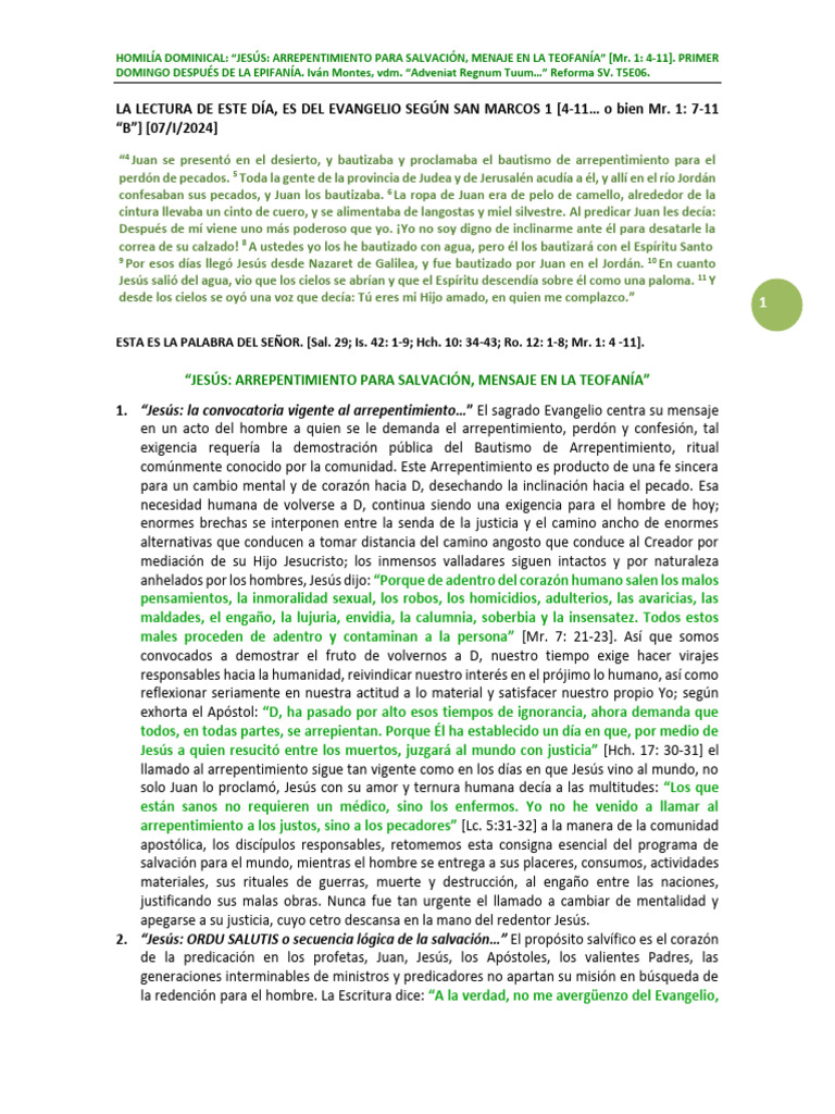 MR 1, 4-11 Jesus, Arrepentimiento para Salvación, Mensaje en La ...