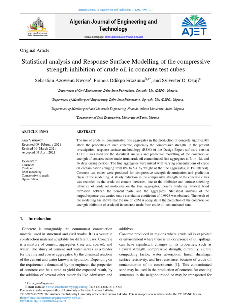 Statistical Analysis And Response Surface Modelling Of The Compressive Strength Inhibition Of