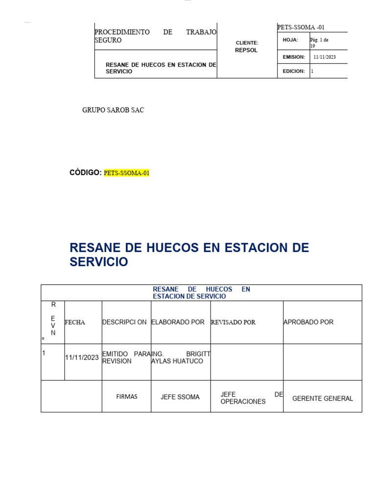 Procedimiento Resane de Huecos Stop | PDF