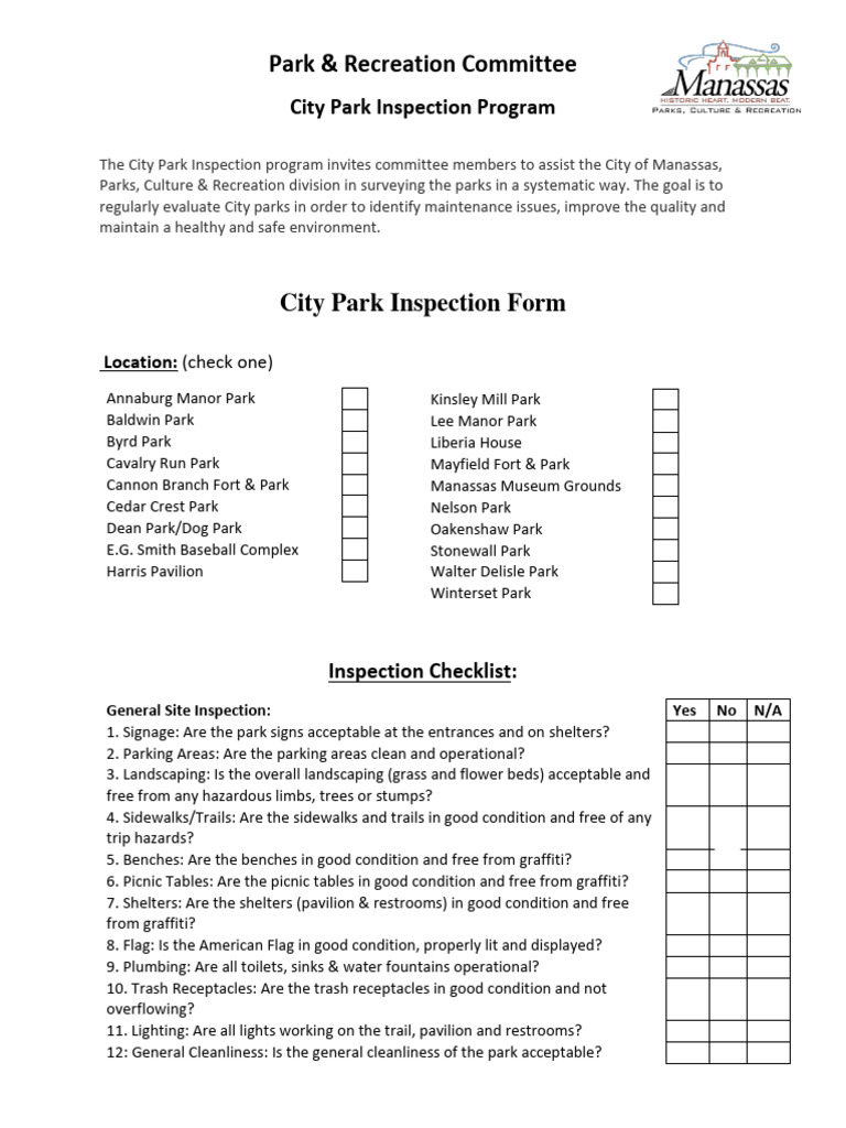 City Park Inspection Form Fillable PDF | PDF | Parks