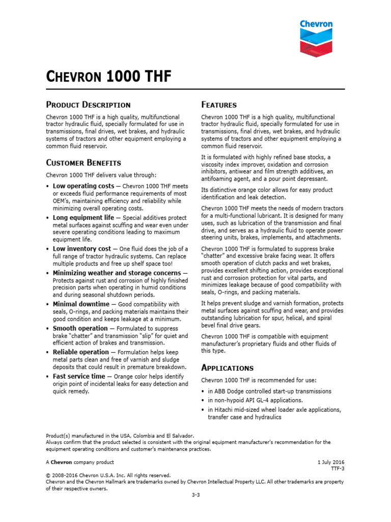 Chevron 1000 THF | PDF | Tractor | Viscosity