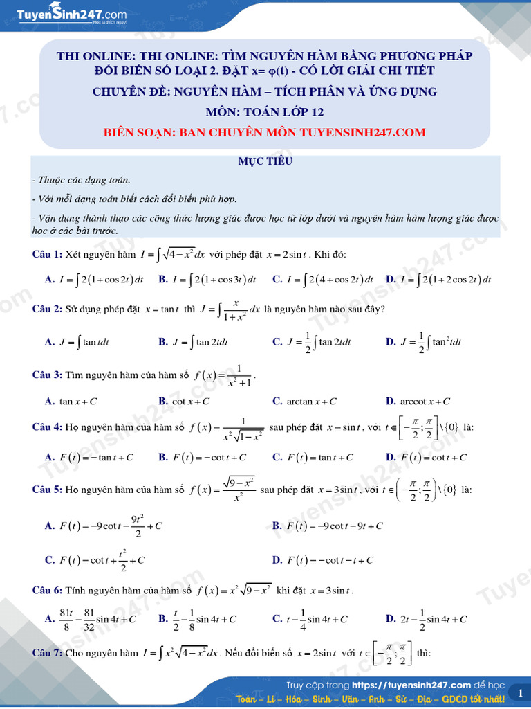 14 btvn tim nguyen ham bang phuong phap doi bien so loai 2 dat x φ t | PDF