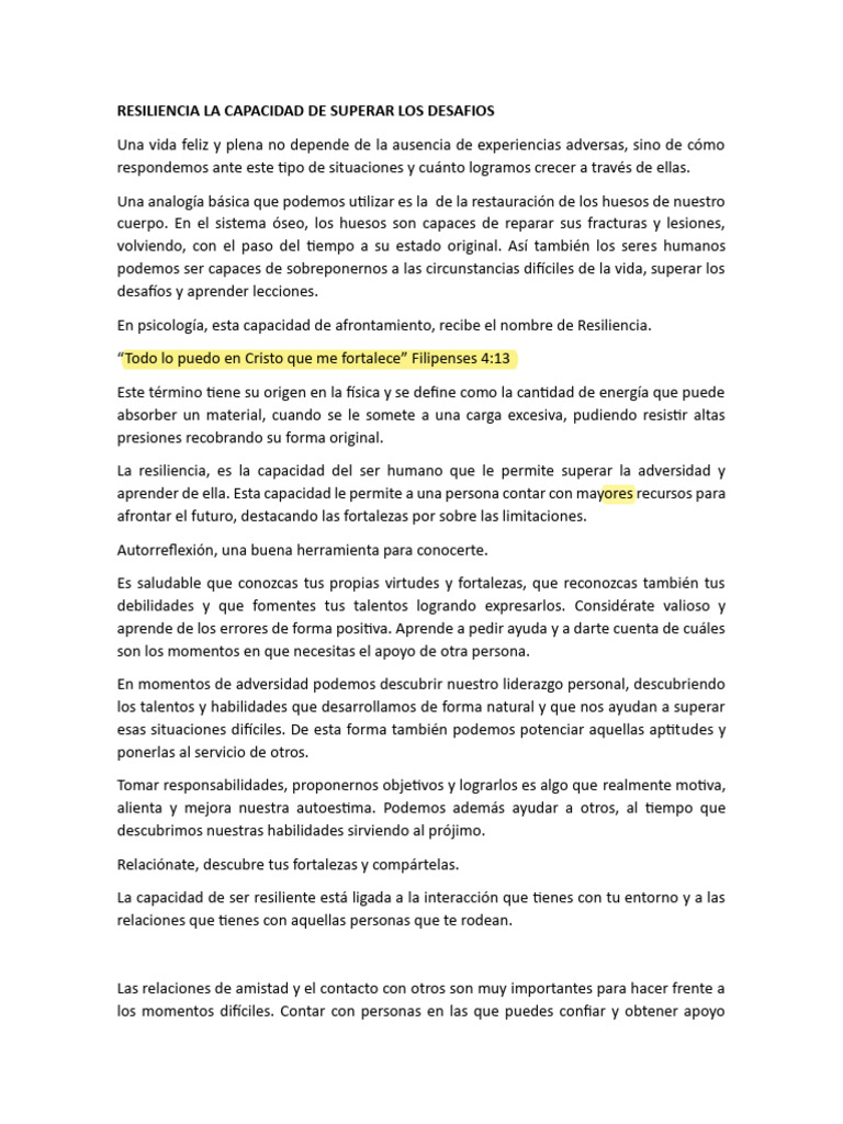 Resiliencia La Capacidad de Superar Los Desafios | PDF | Resiliencia psicológica | Amor