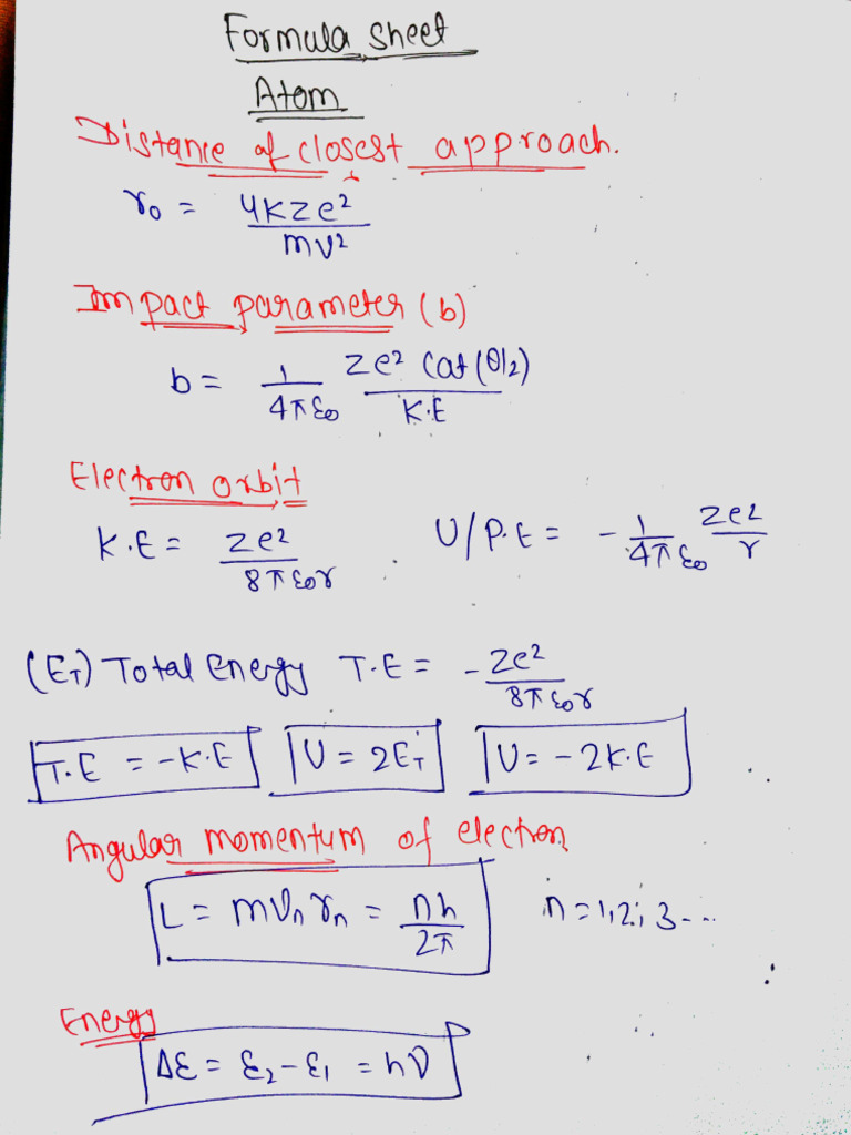 Formula Sheet Atom Class 12 Physics | PDF