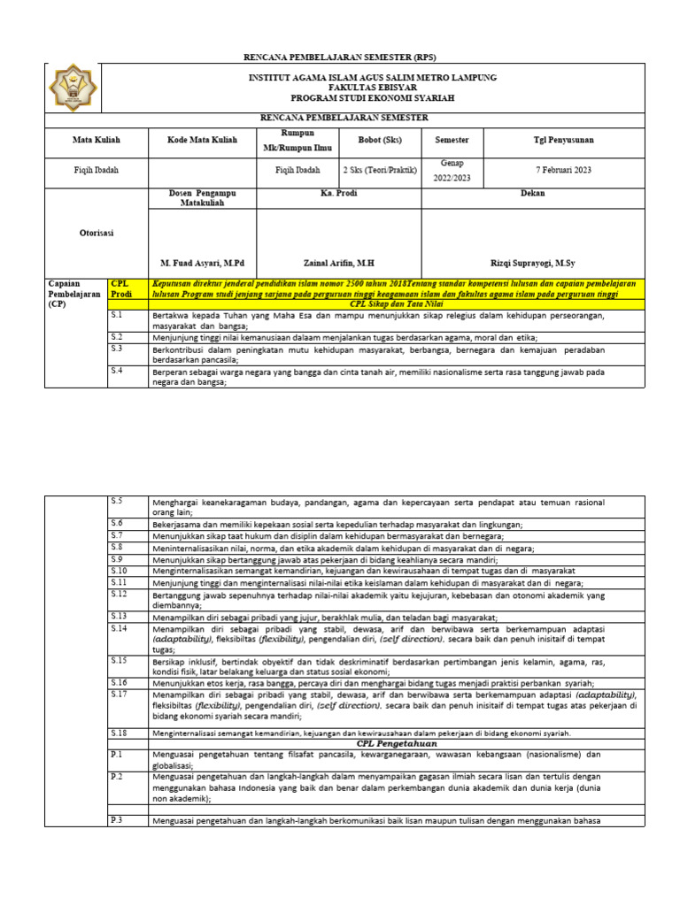 RPS Fiqih Ibadah ESY Semester II | PDF