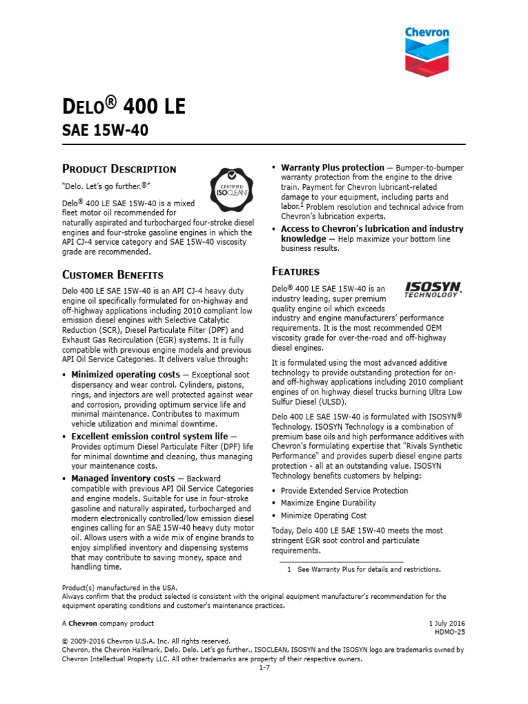 Chevron Delo 400 LE 15W-40 | PDF