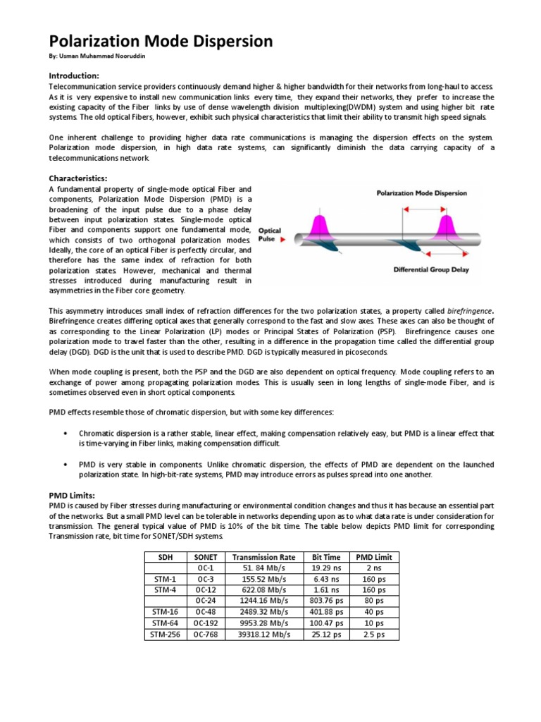 Polarization Mode Dispersion Pdf Polarization Waves Dispersion Optics