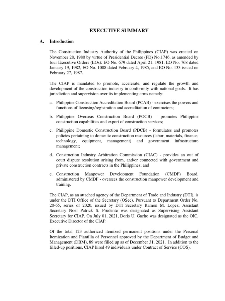 Construction Industry Authority of The Philippines Executive Summary 2021 | PDF | Insurance ...