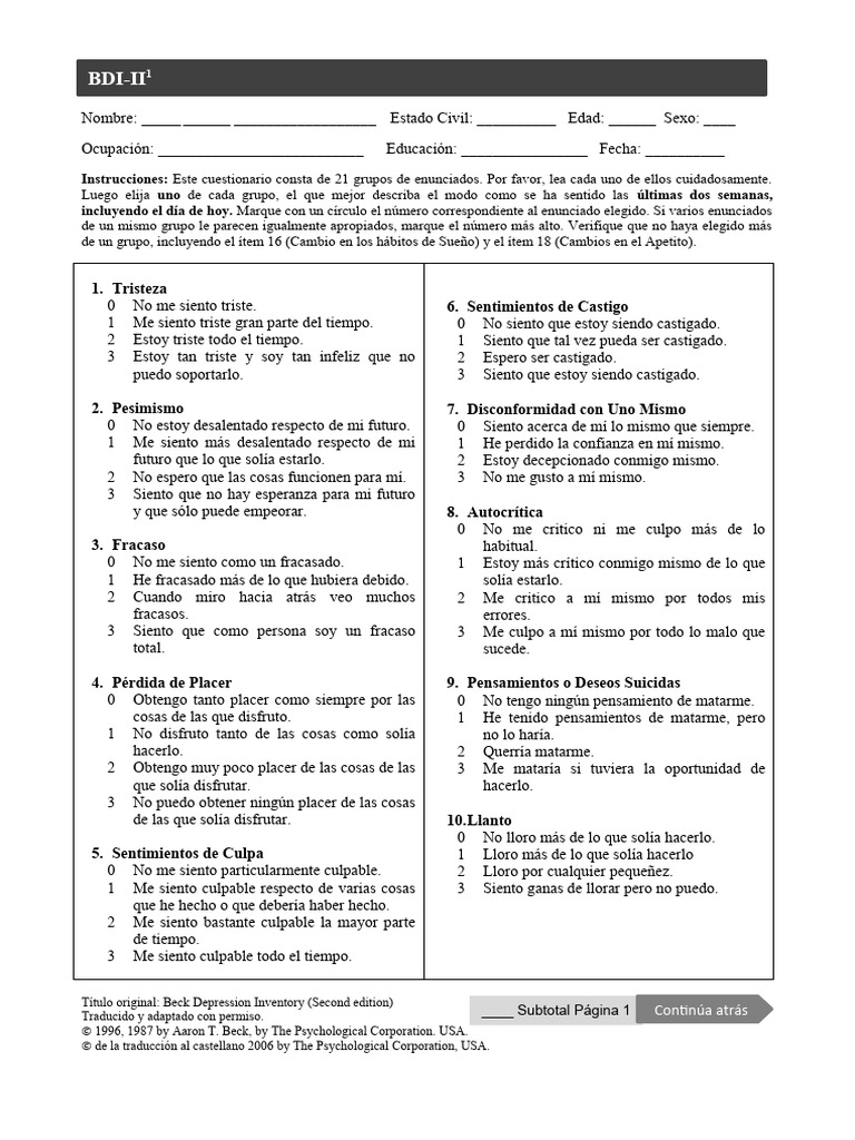 Protocolo BDI II Docx | PDF