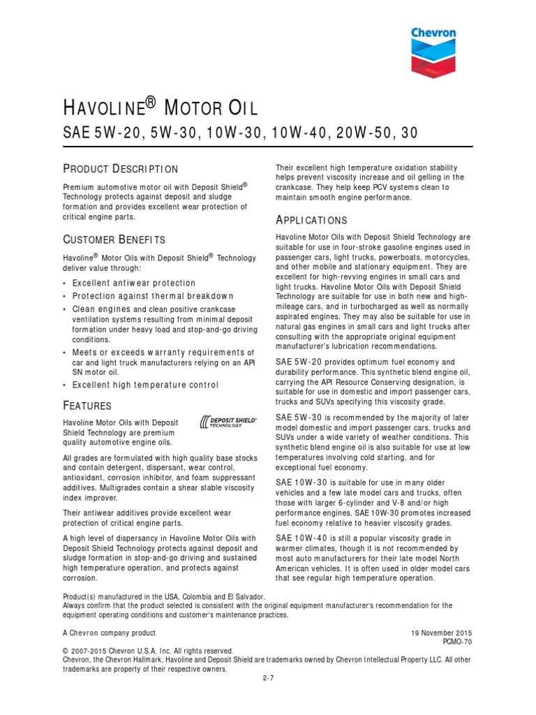 Chevron Havoline Motor Oil Range | PDF