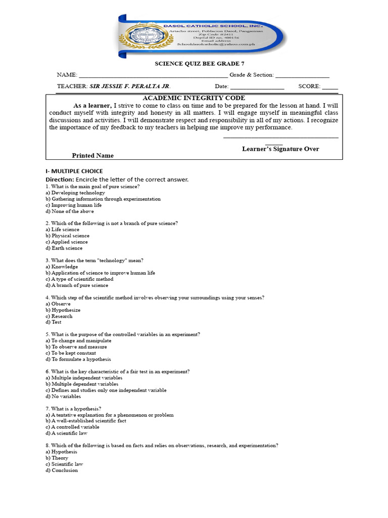 Science Quiz Bee Grade 7 | PDF