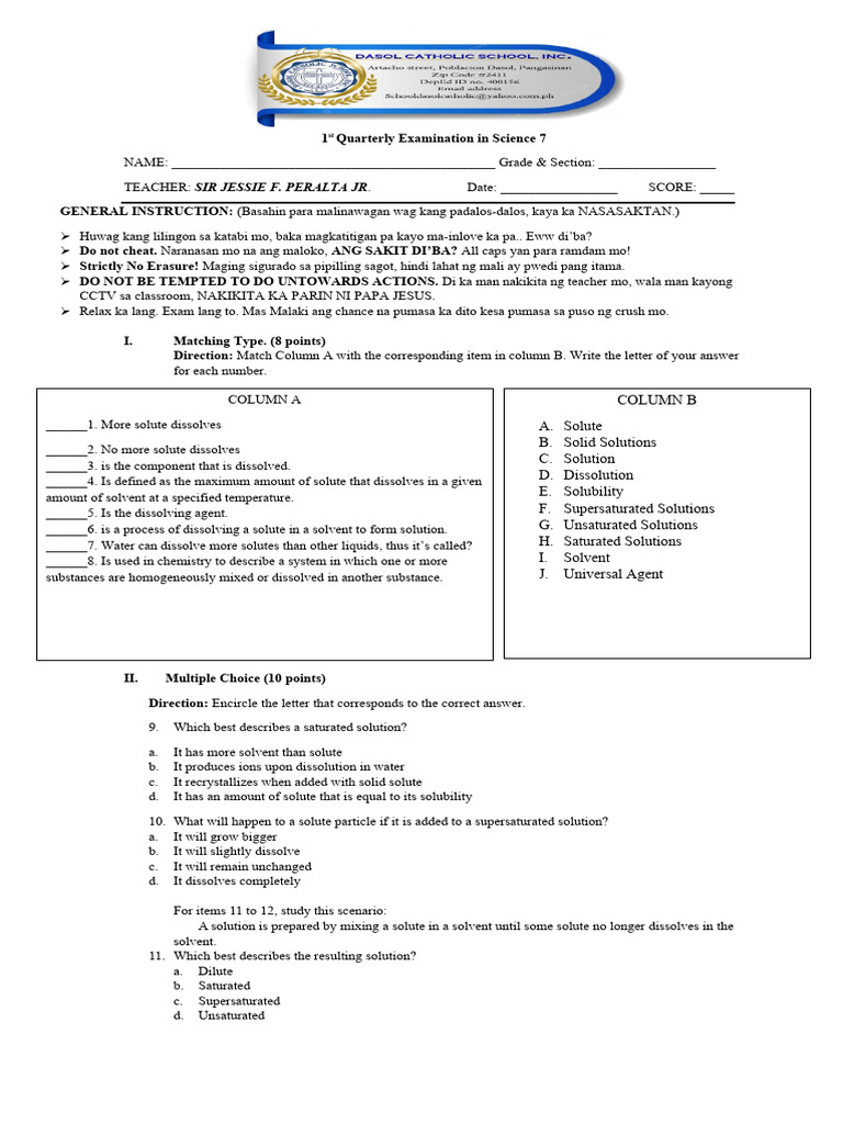Science 7 Q1 Periodical Examination | PDF