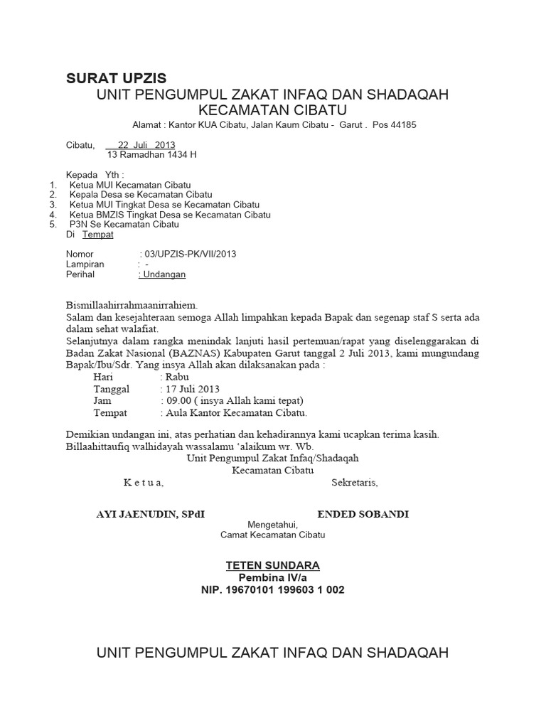 Contoh SURAT UPZIS | PDF